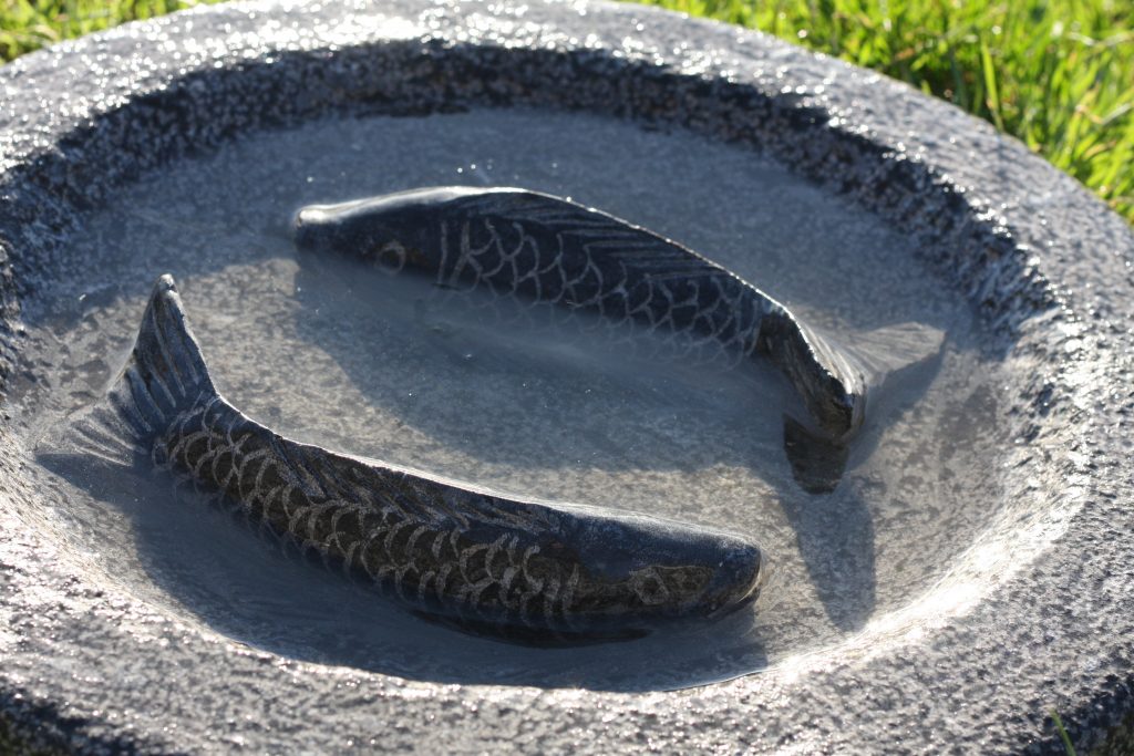 Black Limestone Koi Fish Birdbath - Ornamental Classics