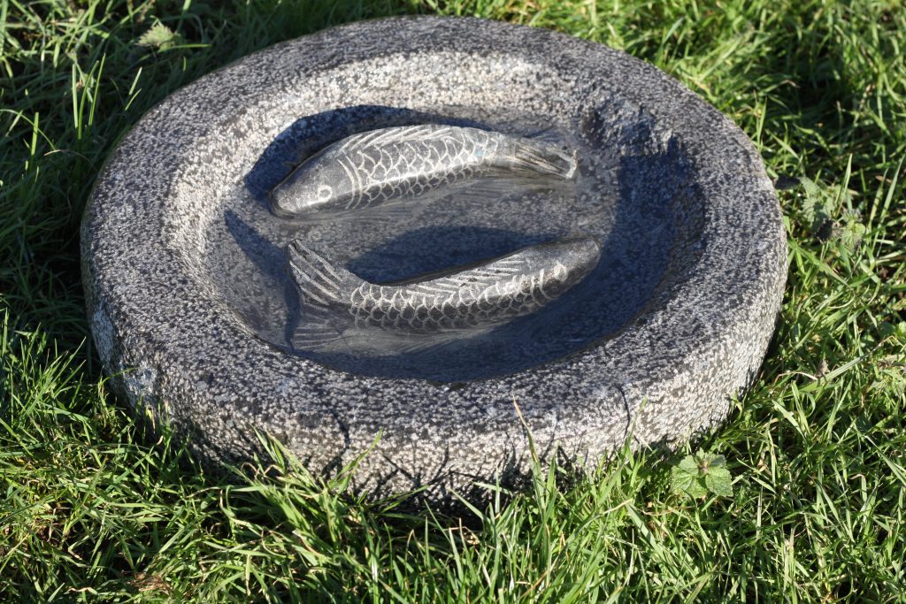 Black Limestone Koi Fish Birdbath - Ornamental Classics